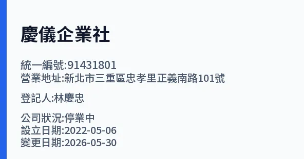慶儀企業社的照片-統編 91431801(新北市) 公司登記資料與營業項目詳細圖表