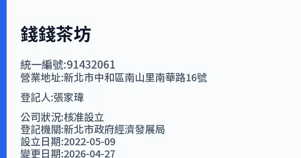 錢錢茶坊的照片-統編 91432061(新北市) 公司登記資料與營業項目詳細圖表