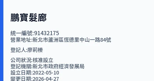 鵬寶髮廊的照片-統編 91432175(新北市) 公司登記資料與營業項目詳細圖表