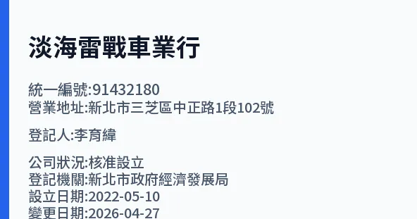 淡海雷戰車業行的照片-統編 91432180(新北市) 公司登記資料與營業項目詳細圖表