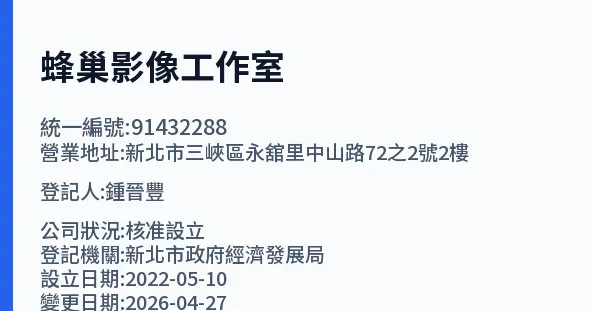 蜂巢影像工作室的照片-統編 91432288(新北市) 公司登記資料與營業項目詳細圖表