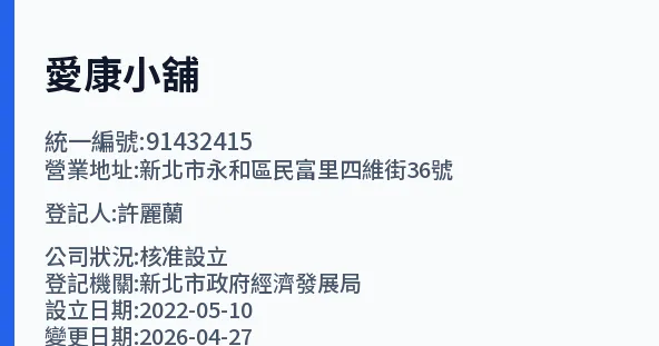 愛康小舖的照片-統編 91432415(新北市) 公司登記資料與營業項目詳細圖表