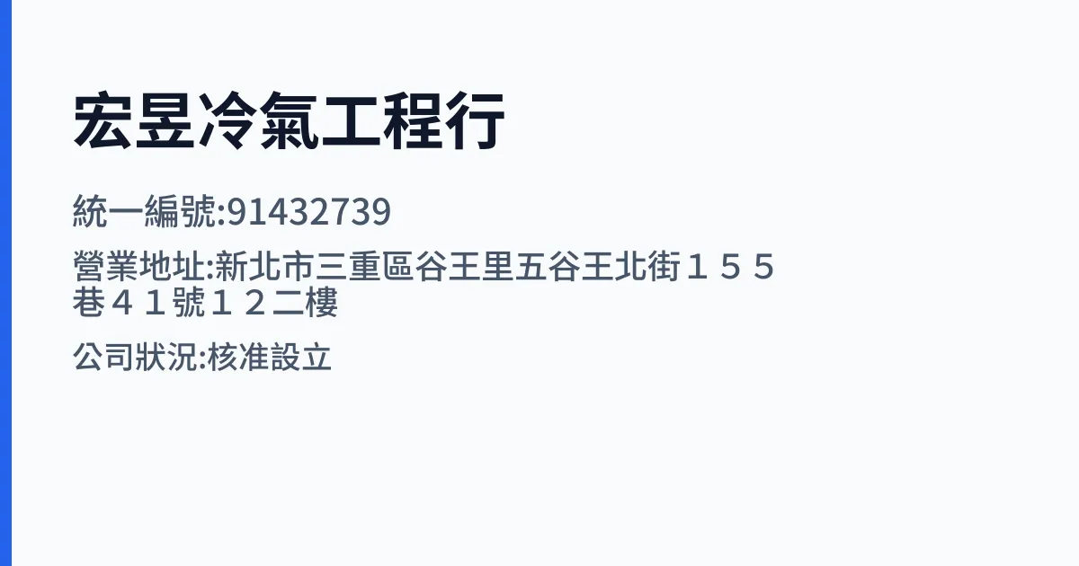 宏昱冷氣工程行 - 統編 91432739(新北市) 公司登記資料與營業項目詳細圖表