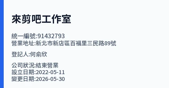 來剪吧工作室的照片-統編 91432793(新北市) 公司登記資料與營業項目詳細圖表