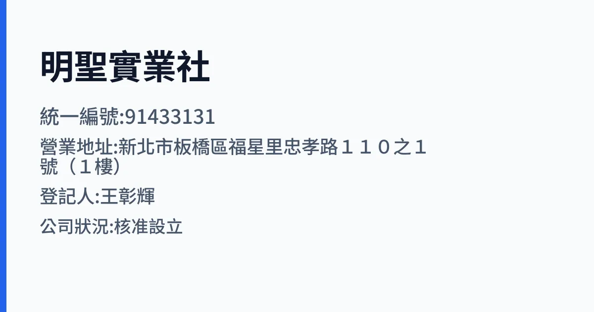 明聖實業社 - 統編 91433131(新北市) 公司登記資料與營業項目詳細圖表
