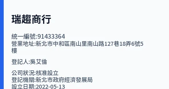 瑞趨商行的照片-統編 91433364(新北市) 公司登記資料與營業項目詳細圖表
