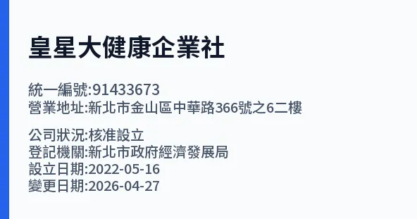 皇星大健康企業社的照片-統編 91433673(新北市) 公司登記資料與營業項目詳細圖表