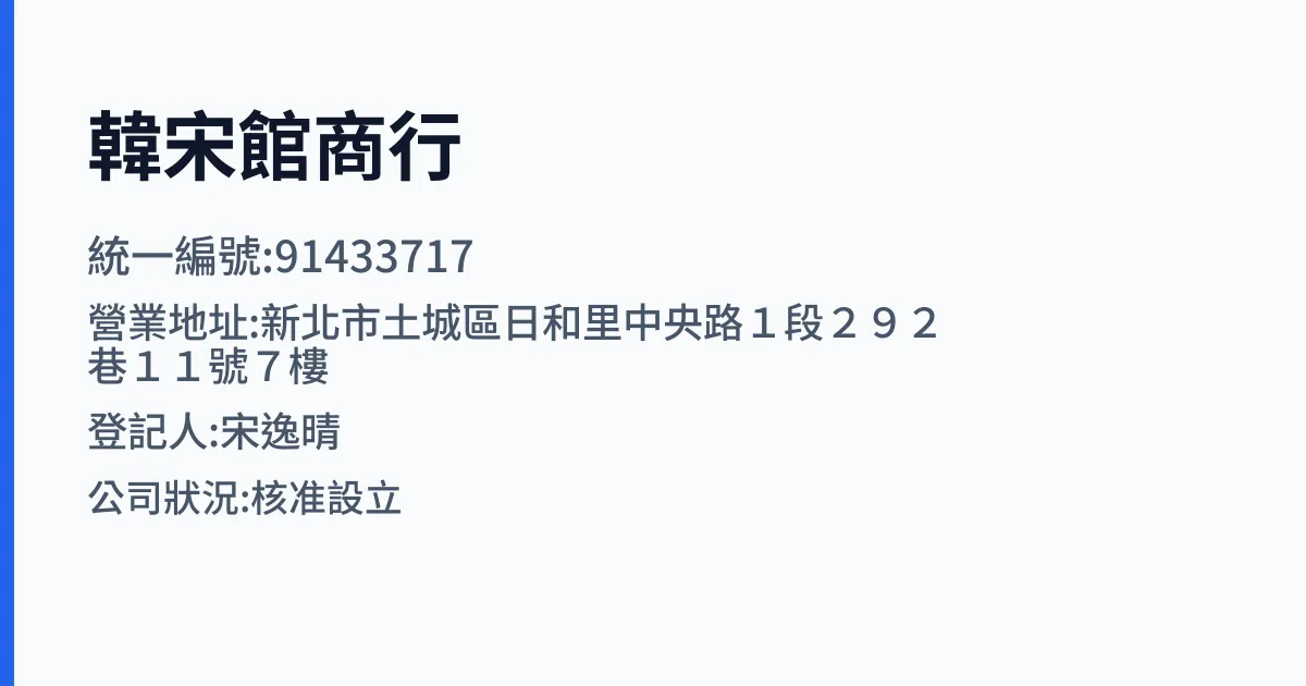 韓宋館商行 - 統編 91433717(新北市) 公司登記資料與營業項目詳細圖表