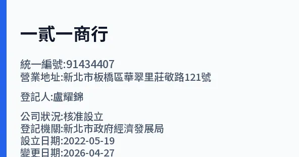 一貳一商行的照片-統編 91434407(新北市) 公司登記資料與營業項目詳細圖表