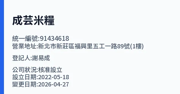 成芸米糧的照片-統編 91434618(新北市) 公司登記資料與營業項目詳細圖表