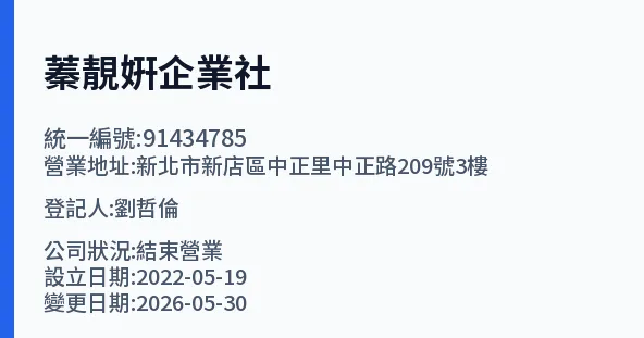 蓁靚姸企業社的照片-統編 91434785(新北市) 公司登記資料與營業項目詳細圖表
