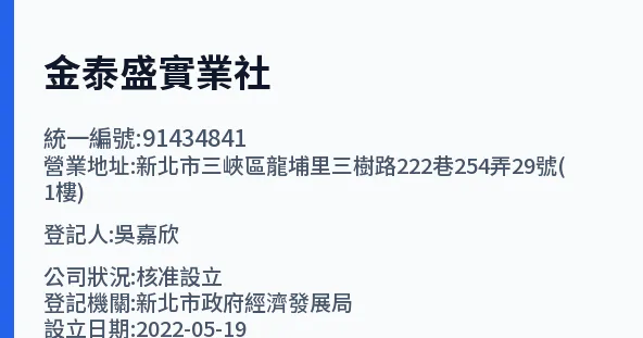 金泰盛實業社的照片-統編 91434841(新北市) 公司登記資料與營業項目詳細圖表