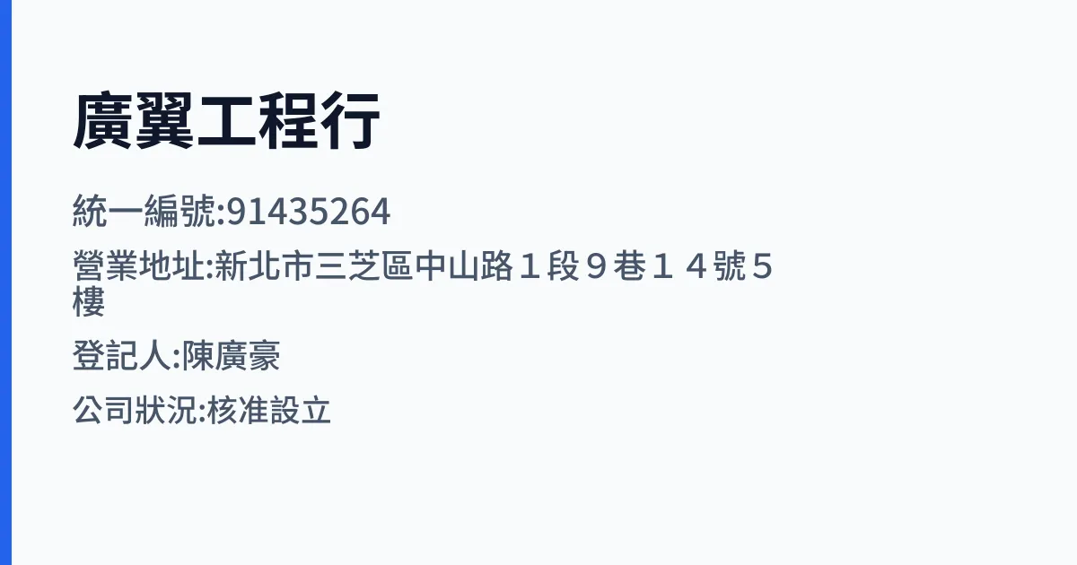 廣翼工程行 - 統編 91435264(新北市) 公司登記資料與營業項目詳細圖表