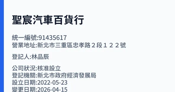 聖宸汽車百貨行的照片-統編 91435617(新北市) 公司登記資料與營業項目詳細圖表