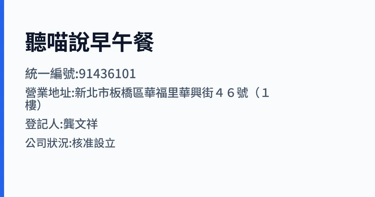 聽喵說早午餐 - 統編 91436101(新北市) 公司登記資料與營業項目詳細圖表