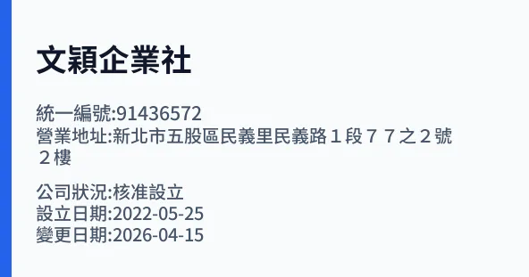 文穎企業社的照片-統編 91436572(新北市) 公司登記資料與營業項目詳細圖表