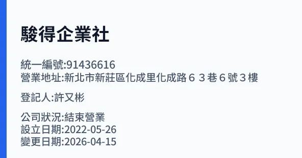 駿得企業社的照片-統編 91436616(新北市) 公司登記資料與營業項目詳細圖表