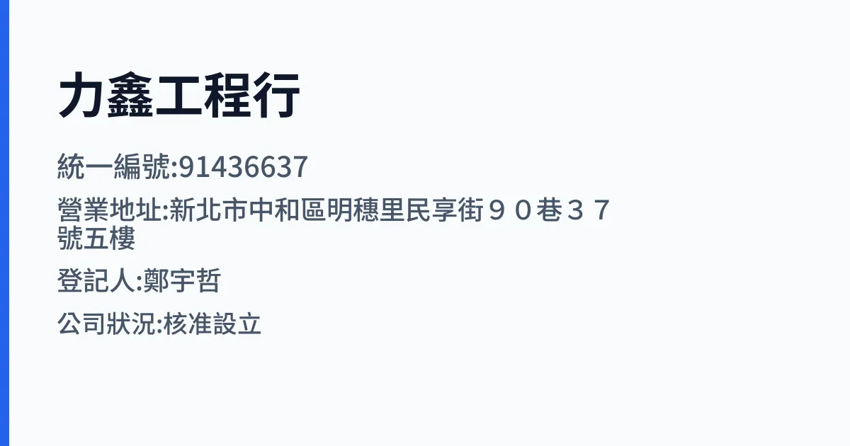 力鑫工程行 - 統編 91436637(新北市) 公司登記資料與營業項目詳細圖表