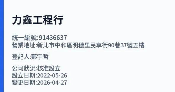 力鑫工程行的照片-統編 91436637(新北市) 公司登記資料與營業項目詳細圖表