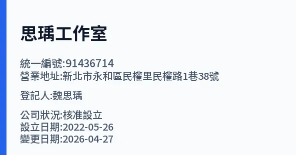 思瑀工作室的照片-統編 91436714(新北市) 公司登記資料與營業項目詳細圖表