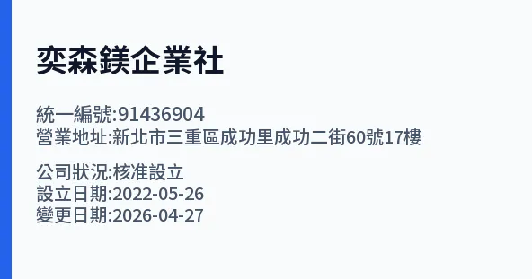 奕森鎂企業社的照片-統編 91436904(新北市) 公司登記資料與營業項目詳細圖表