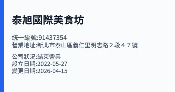 泰旭國際美食坊的照片-統編 91437354(新北市) 公司登記資料與營業項目詳細圖表