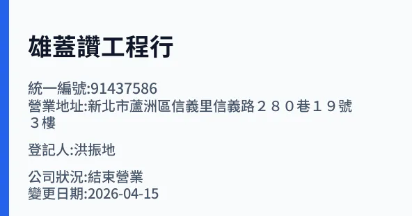 雄蓋讚工程行的照片-統編 91437586(新北市) 公司登記資料與營業項目詳細圖表