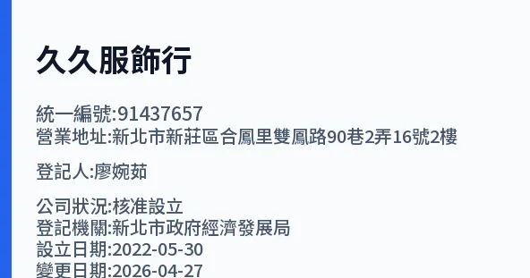 久久服飾行的照片-統編 91437657(新北市) 公司登記資料與營業項目詳細圖表