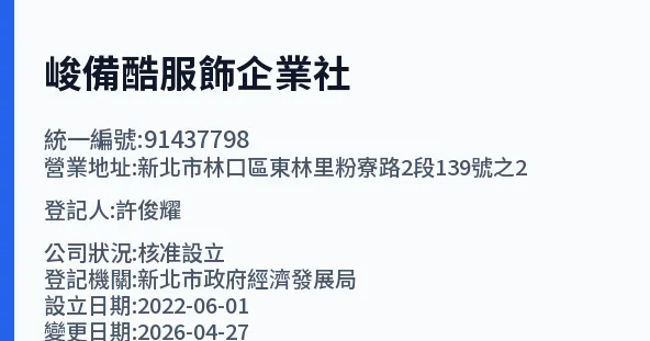 峻備酷服飾企業社的照片-統編 91437798(新北市) 公司登記資料與營業項目詳細圖表