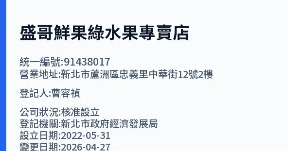 盛哥鮮果綠水果專賣店的照片-統編 91438017(新北市) 公司登記資料與營業項目詳細圖表