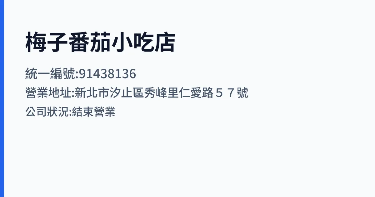 梅子番茄小吃店 - 統編 91438136(新北市) 公司登記資料與營業項目詳細圖表