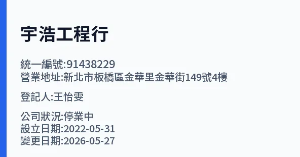 宇浩工程行的照片-統編 91438229(新北市) 公司登記資料與營業項目詳細圖表