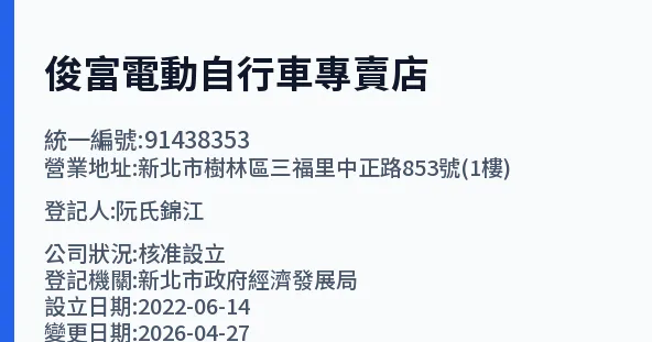 俊富電動自行車專賣店的照片-統編 91438353(新北市) 公司登記資料與營業項目詳細圖表