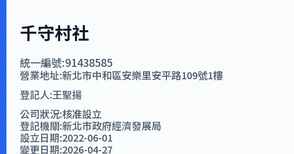 千守村社的照片-統編 91438585(新北市) 公司登記資料與營業項目詳細圖表