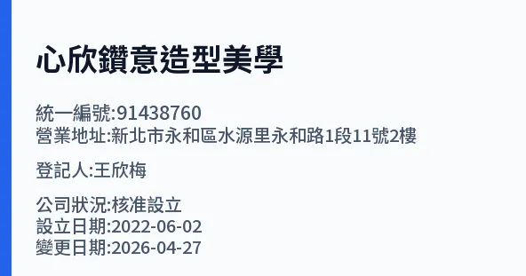 心欣鑽意造型美學的照片-統編 91438760(新北市) 公司登記資料與營業項目詳細圖表