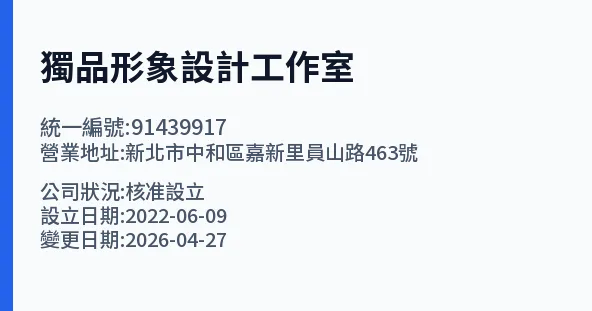 獨品形象設計工作室的照片-統編 91439917(新北市) 公司登記資料與營業項目詳細圖表