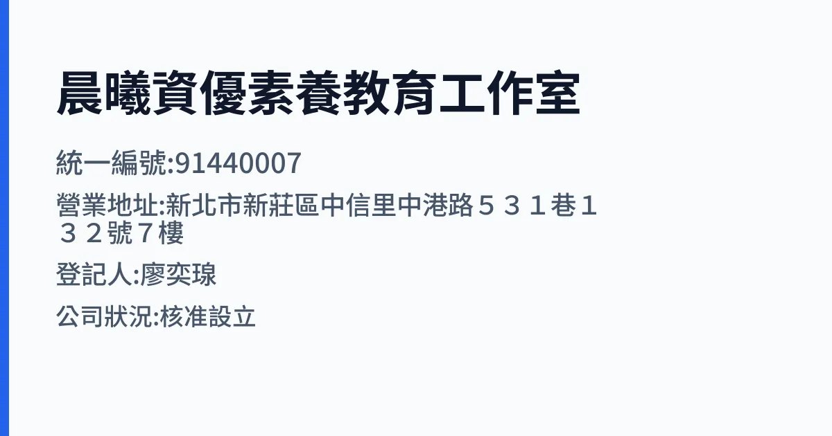 晨曦資優素養教育工作室 - 統編 91440007(新北市) 公司登記資料與營業項目詳細圖表