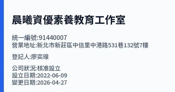 晨曦資優素養教育工作室的照片-統編 91440007(新北市) 公司登記資料與營業項目詳細圖表