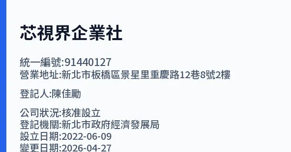 芯視界企業社的照片-統編 91440127(新北市) 公司登記資料與營業項目詳細圖表