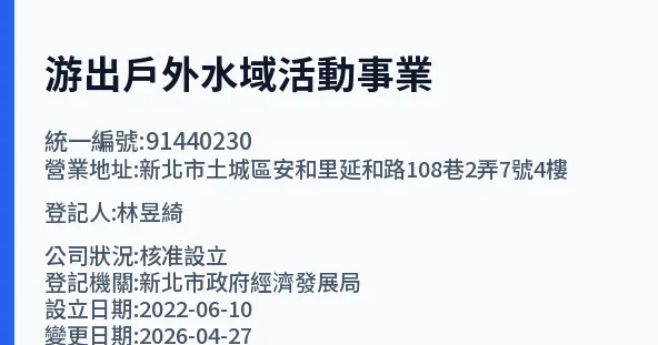 游出戶外水域活動事業的照片-統編 91440230(新北市) 公司登記資料與營業項目詳細圖表
