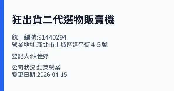 狂出貨二代選物販賣機的照片-統編 91440294(新北市) 公司登記資料與營業項目詳細圖表