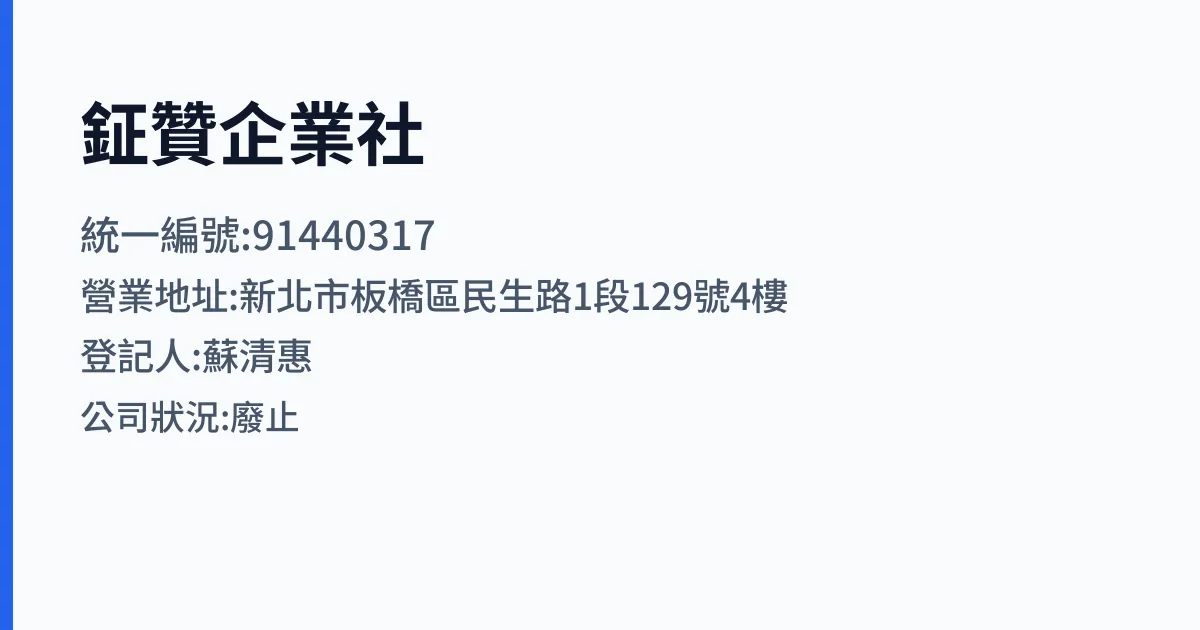 鉦贊企業社 - 統編 91440317(新北市) 公司登記資料與營業項目詳細圖表