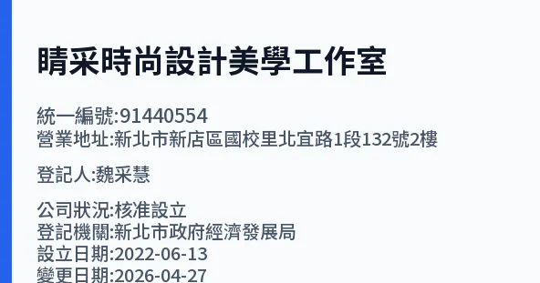 睛采時尚設計美學工作室的照片-統編 91440554(新北市) 公司登記資料與營業項目詳細圖表