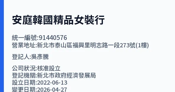 安庭韓國精品女裝行的照片-統編 91440576(新北市) 公司登記資料與營業項目詳細圖表