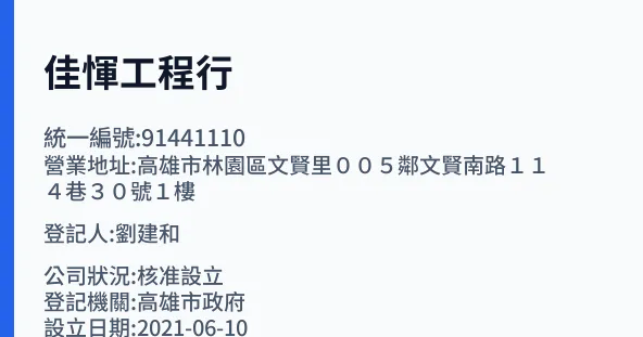 佳惲工程行的照片-統編 91441110(高雄市) 公司登記資料與營業項目詳細圖表