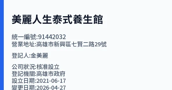 美麗人生泰式養生館的照片-統編 91442032(高雄市) 公司登記資料與營業項目詳細圖表