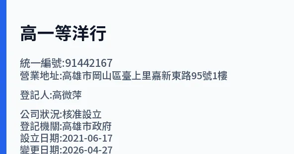高一等洋行的照片-統編 91442167(高雄市) 公司登記資料與營業項目詳細圖表