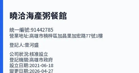 曉洽海產粥餐館的照片-統編 91442785(高雄市) 公司登記資料與營業項目詳細圖表