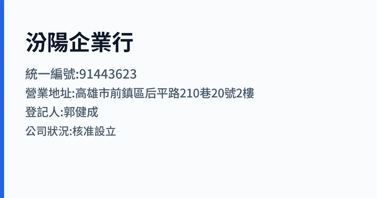 汾陽企業行 - 統編 91443623(高雄市) 公司登記資料與營業項目詳細圖表