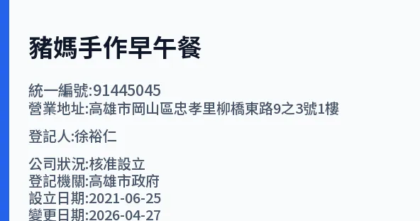 豬媽手作早午餐的照片-統編 91445045(高雄市) 公司登記資料與營業項目詳細圖表